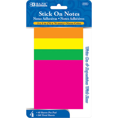 Click here for BAZIC 5103-1 4-Pack 40 Ct. Stick On Notes - Neon prices